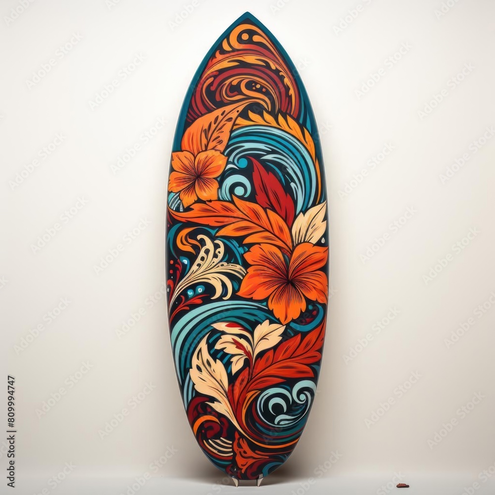 Craft a di-cut PNG of a vibrant, detailed surfboard, embodying the ...