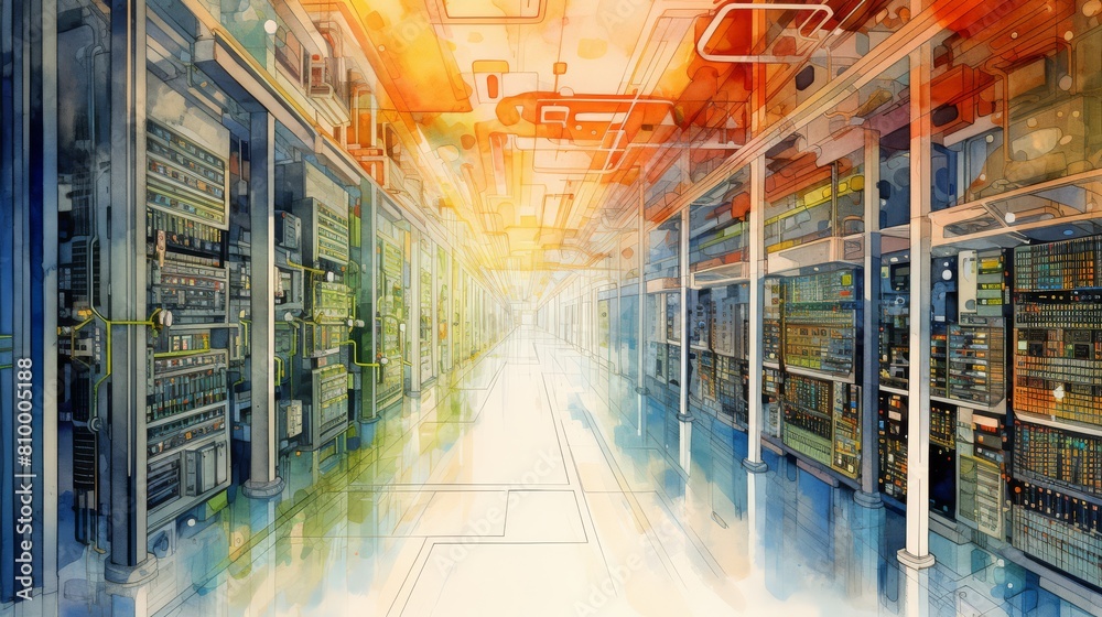 The watercolor painting shows a data center with servers and a glowing ...