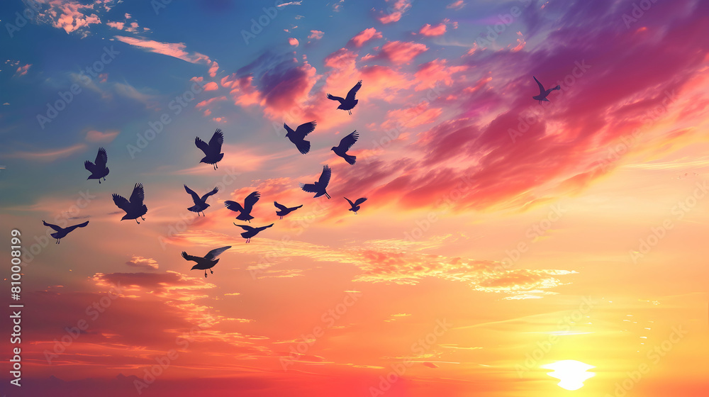 A flock of migratory birds flying across a sunset sky, their ...