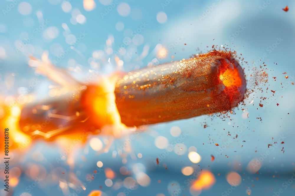 Dramatic detail of a bullet captured in mid-air with fire and particles ...