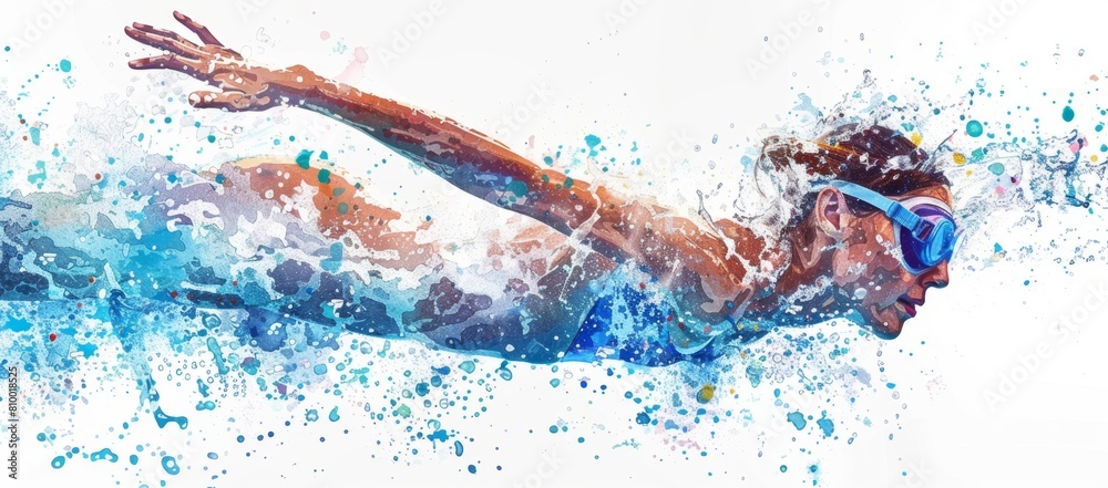 Watercolor painting of a female swimmer in the style of splash paint ...