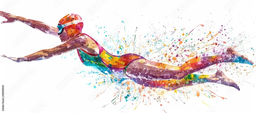 watercolor female swimmer in full gear diving into the water, colorful ...