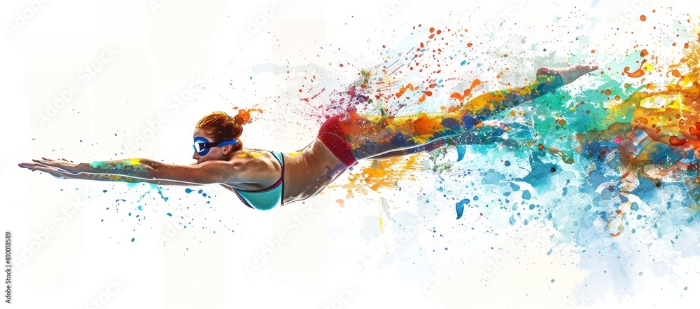 Watercolor illustration of a female swimmer diving into the water, with ...
