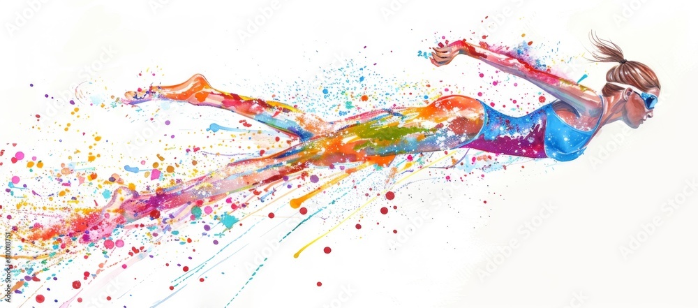 watercolor painting of a female swimmer in a dynamic pose with a ...