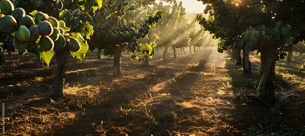 A late afternoon in a fig orchard, the sun casting long, dramatic ...