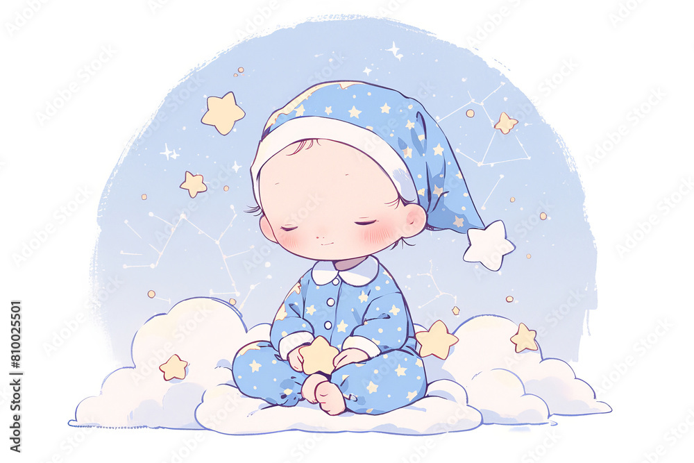 A cute cartoon baby sitting on clouds, wearing blue pajamas and a hat ...