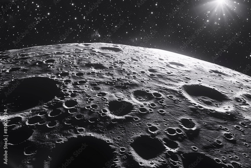 The moons surface with visible craters from ancient asteroid impacts, a ...