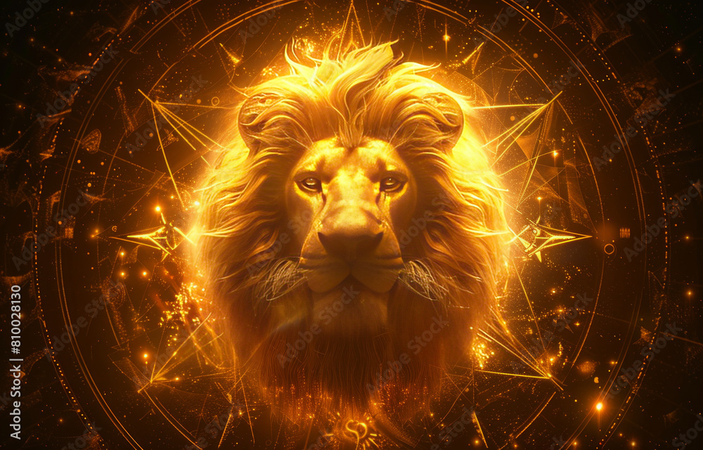 Zodiac sign Leo with a stylized lion head in yellow and golden lights ...