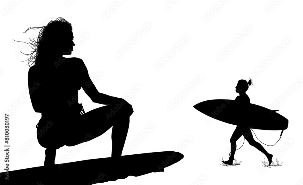 surfistas, contraluz, vector, tabla, surf, mar, atardecer, mujer ...