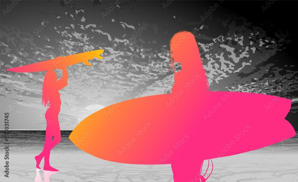 surfistas, contraluz, vector, tabla, surf, mar, atardecer, mujer ...