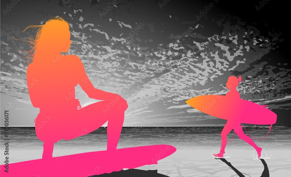surfistas, contraluz, vector, tabla, surf, mar, atardecer, mujer ...