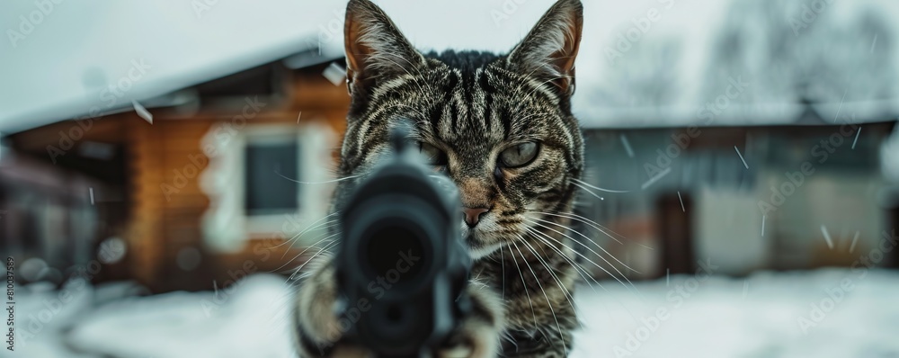 A cat is aiming a gun at the camera. The cat is in focus and the ...