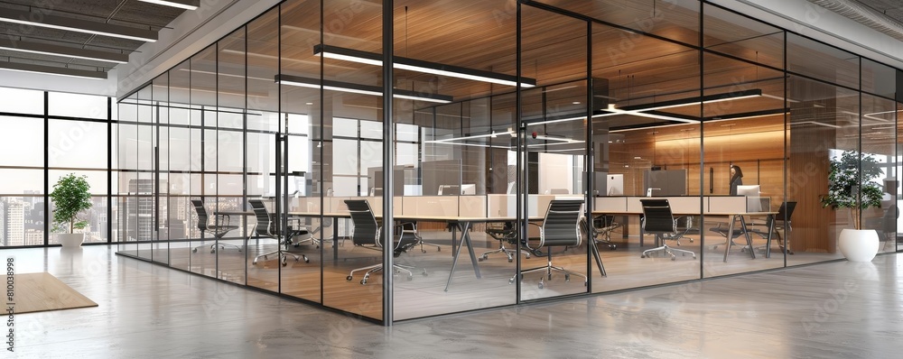 minimalist modern office interior with glass partitions featuring black ...