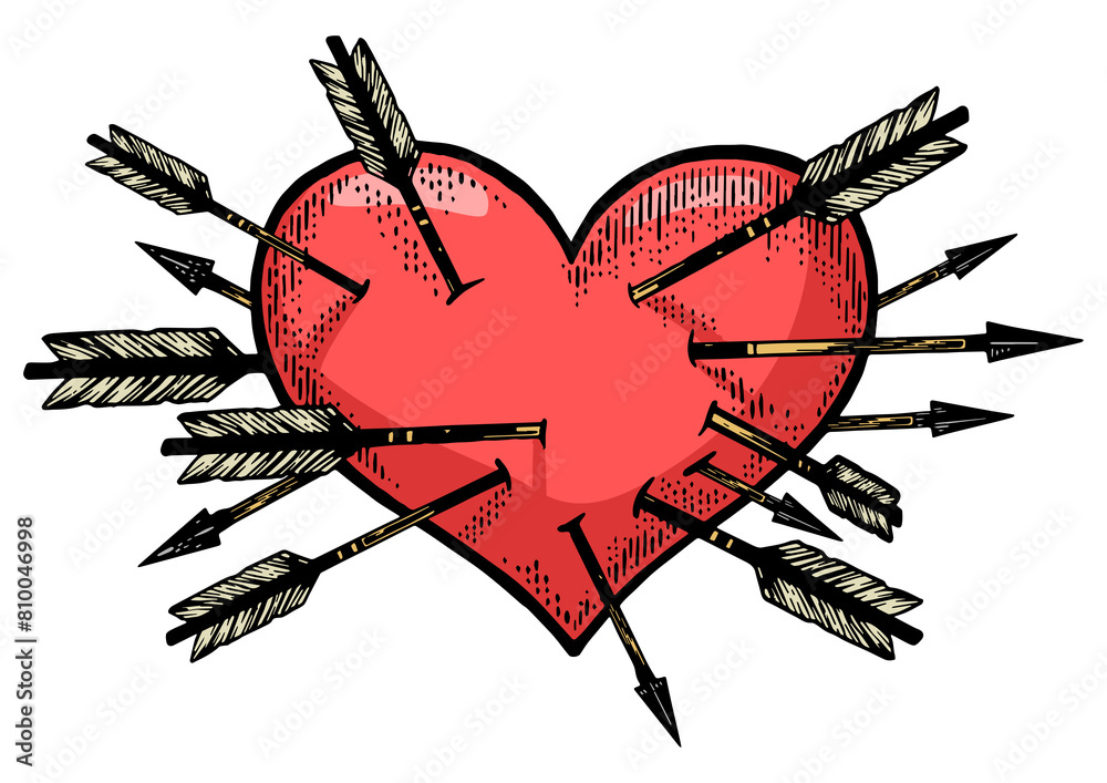 Heart symbol pierced with many arrows sketch engraving PNG illustration ...