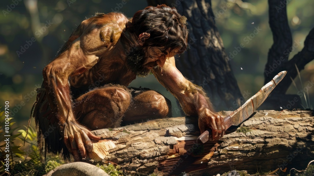 caveman carving a tree in the forest during the day in high resolution ...