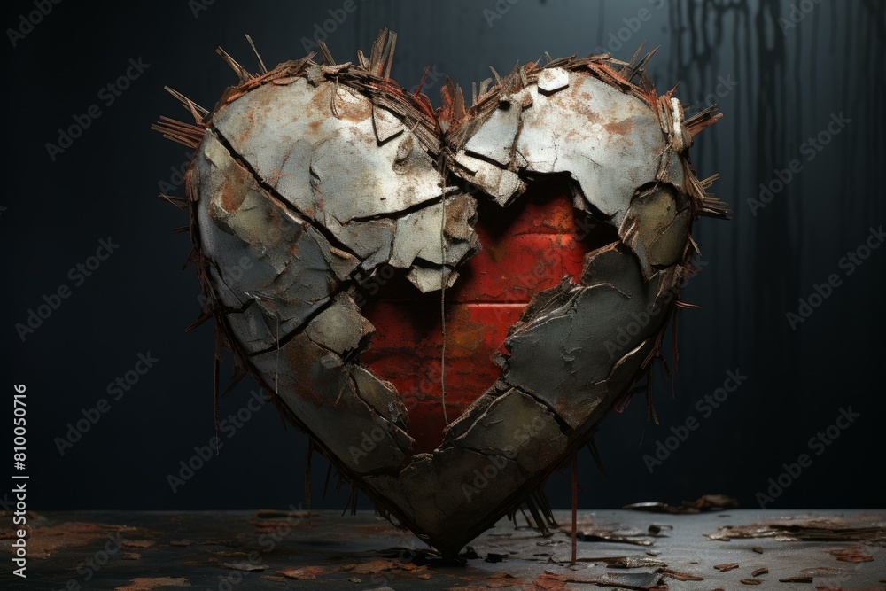 Torn metal heart. Rust scratch disease of cracked heart. Generate Ai ...