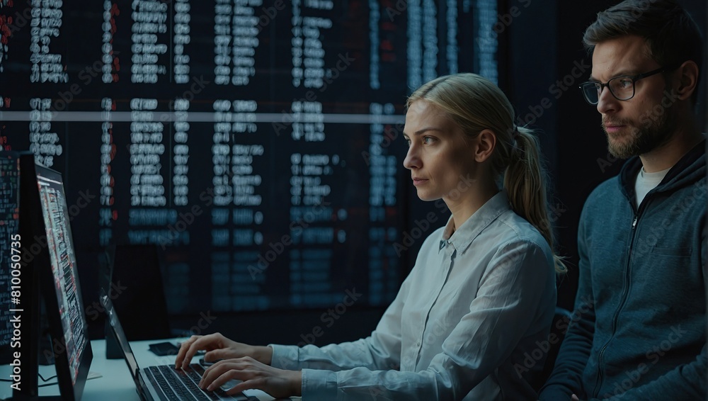 Two Diverse Developers Using Laptop Computer, Discussing Lines of Code ...