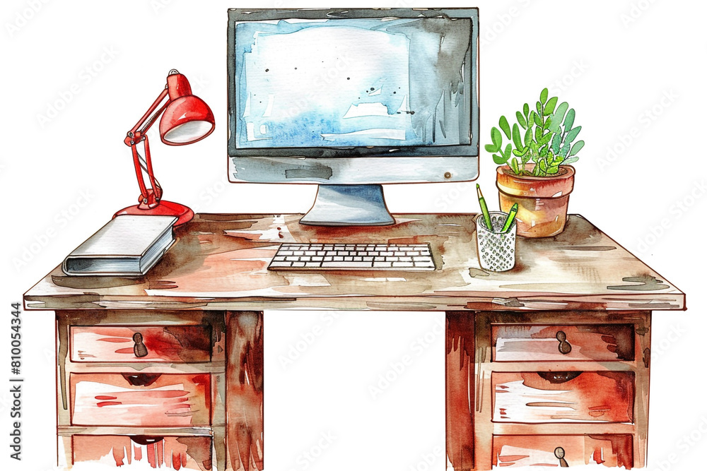 Whimsy watercolor of A Computer desk clipart, watercolor clipart ...