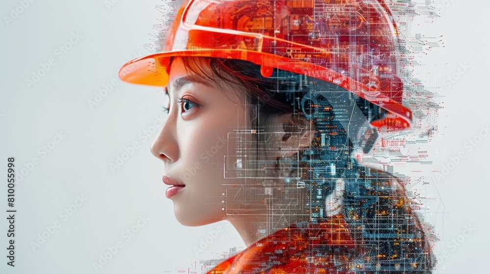 A Chinese woman in the construction field, wearing a hard hat in a ...