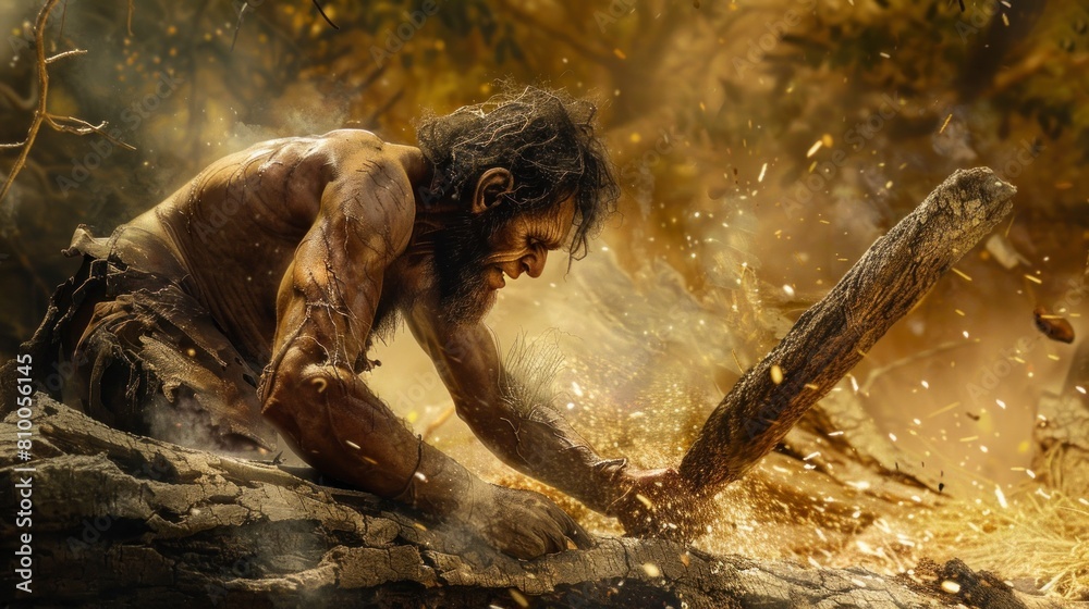 Caveman carving a tree with his basic prehistoric day weapon in high ...