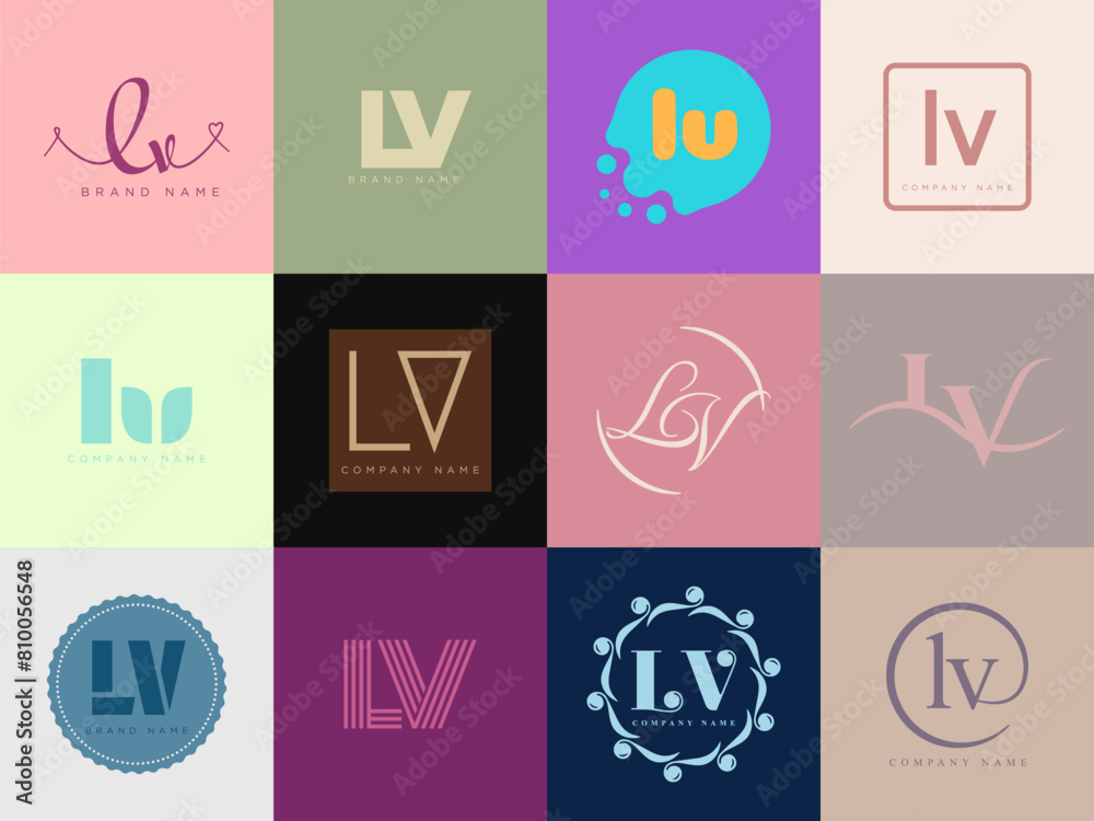 LV logo company template. Letter l and v logotype. Set different ...
