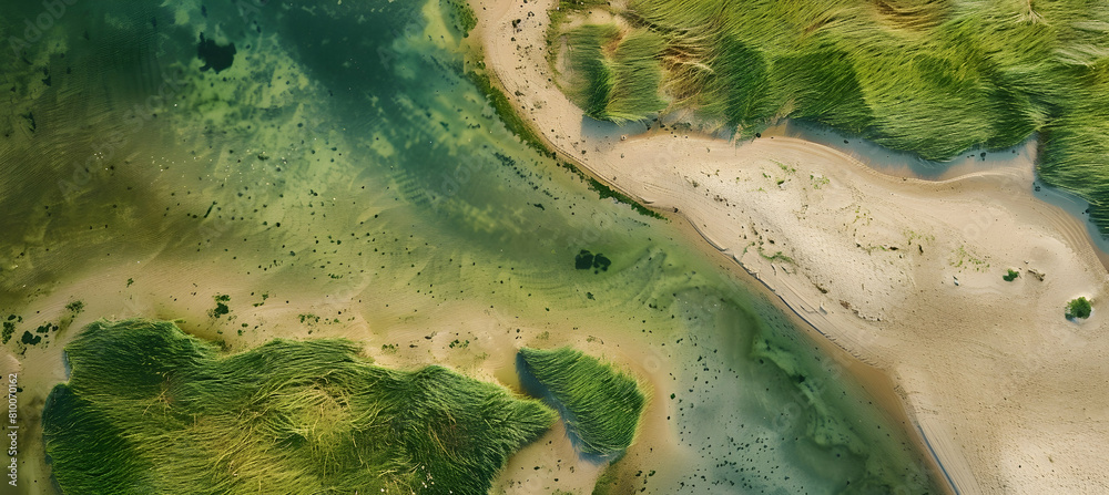 Aerial view of a long, winding sea grass bed along a shallow lagoon ...