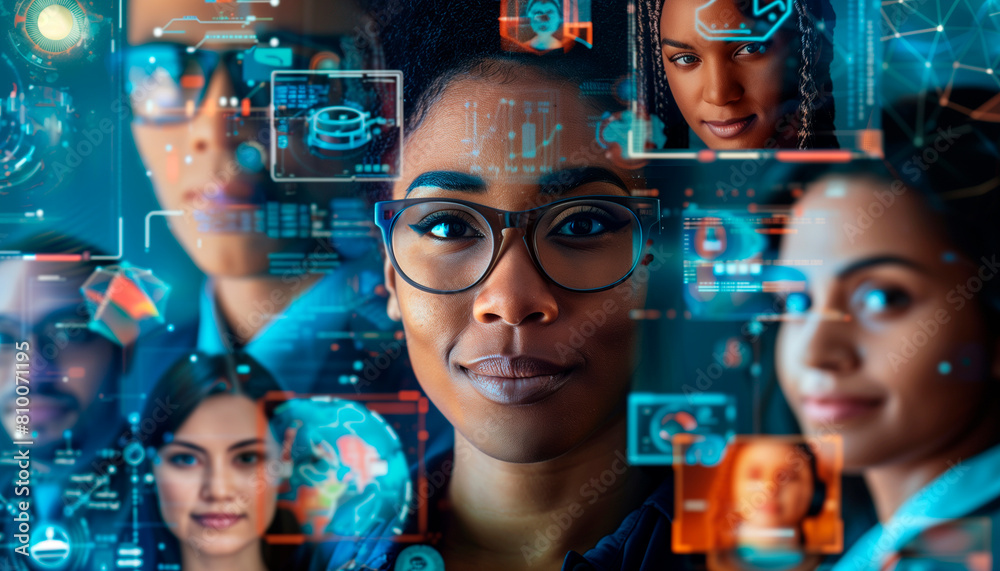 showcasing an artistic collage of faces and tech devices, illustrating ...