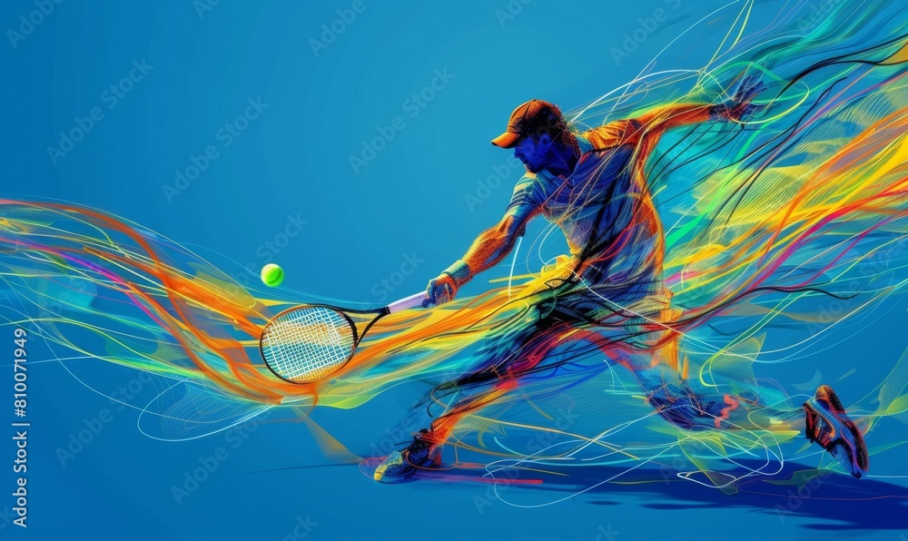 abstract digital art of man playing tennis, colorful lines and shapes ...
