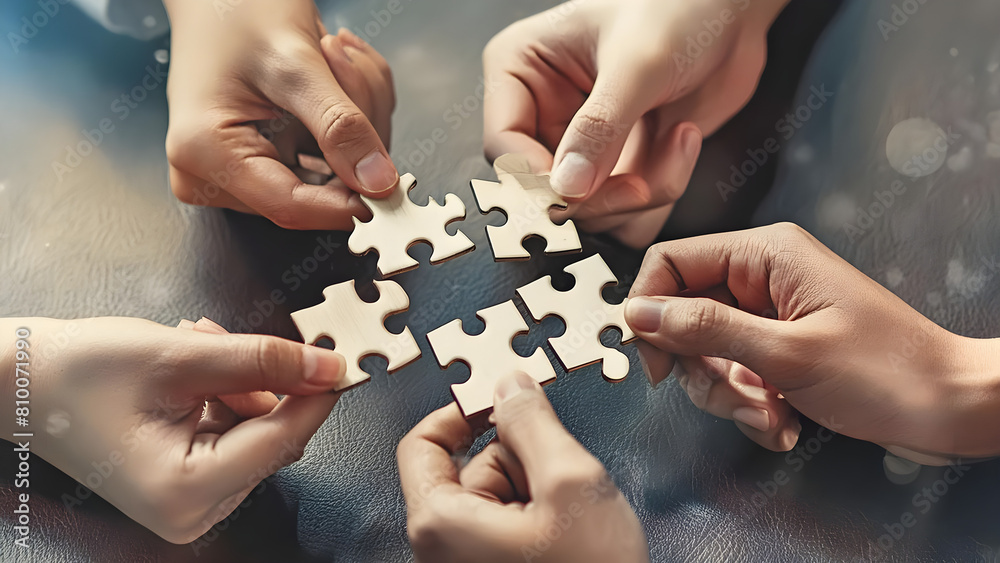 Four pairs of hands collect puzzles, close-up. Men and women assemble a ...