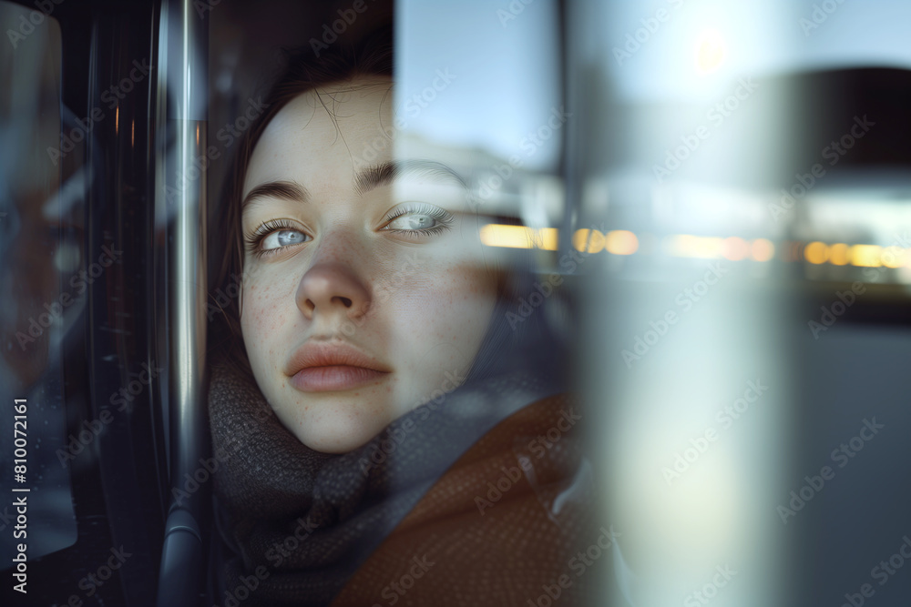 Portrait of beautiful sad young woman pensive looking through the ...