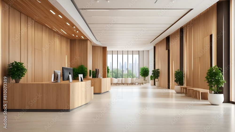 Interior of a contemporary corporate office lobby with wooden panels ...
