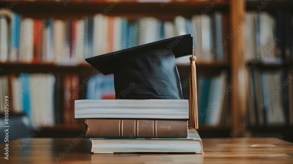 Graduation cap on stack of books on wooden table over blackboard ...