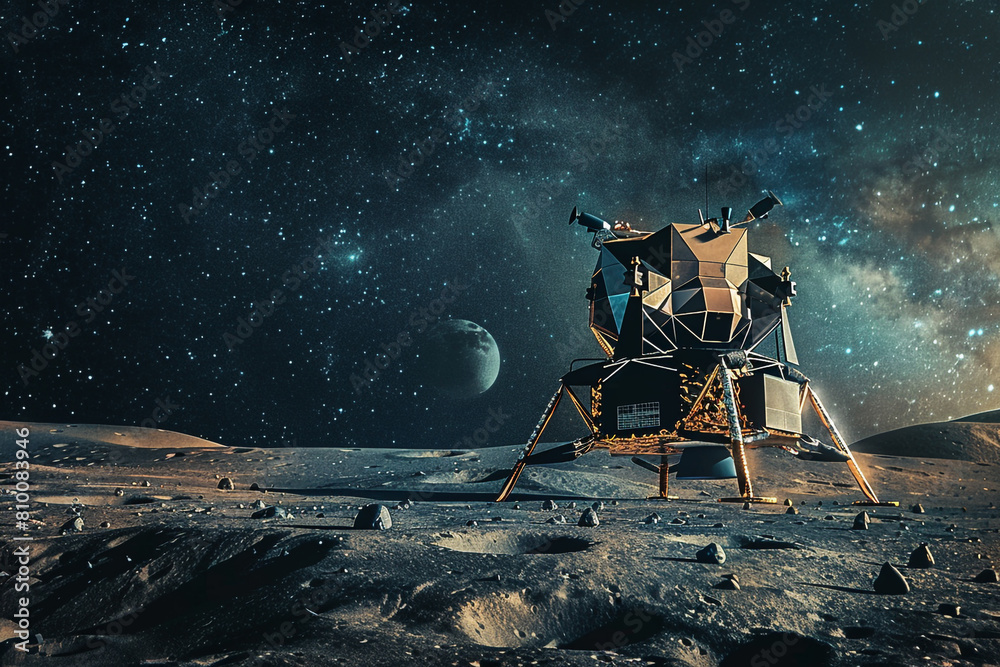 A historic Apollo Lunar Module landing on the Moon in a starry sky is a ...
