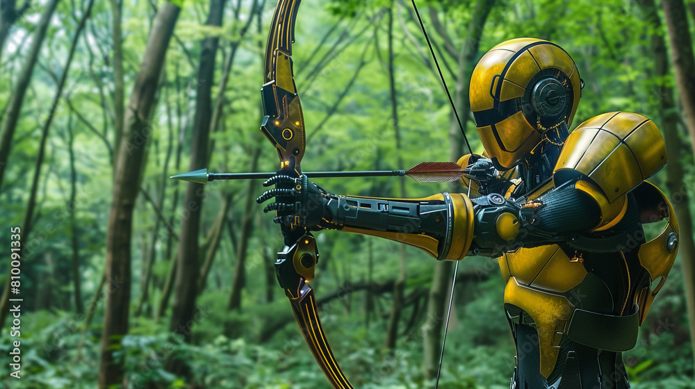 A cybernetic robot archer focusing intensely, drawing a high-tech bow ...