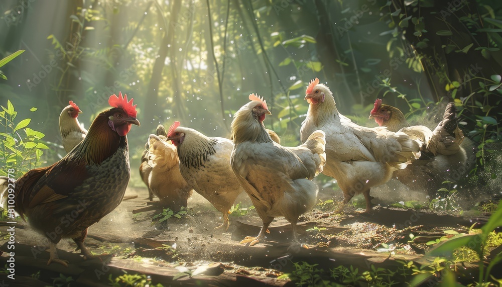 Flock of chickens foraging in the forest with beautiful sunlight beams ...