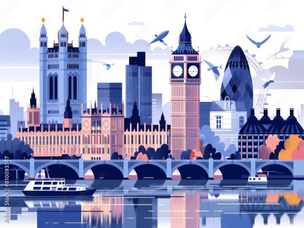 Vector illustration of iconic London skyline with the Big Ben, River ...