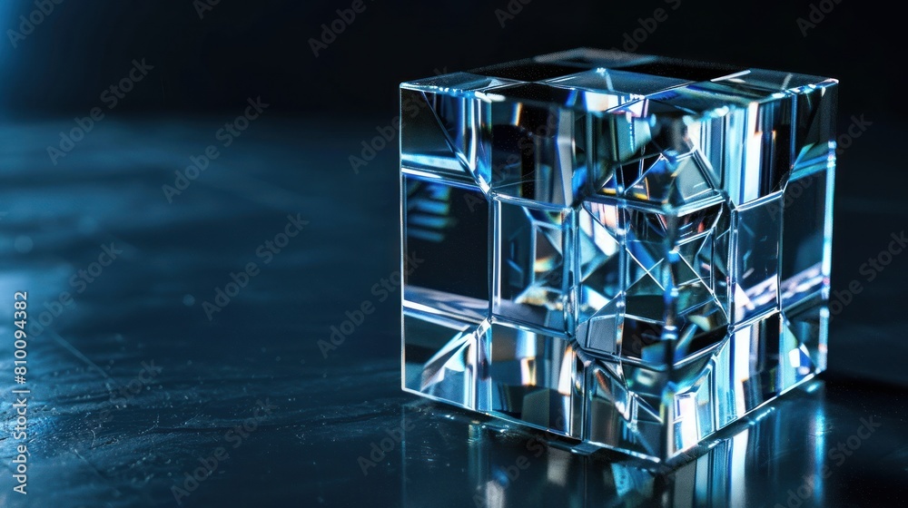 clear glass cube displays complex internal reflections and refractions ...