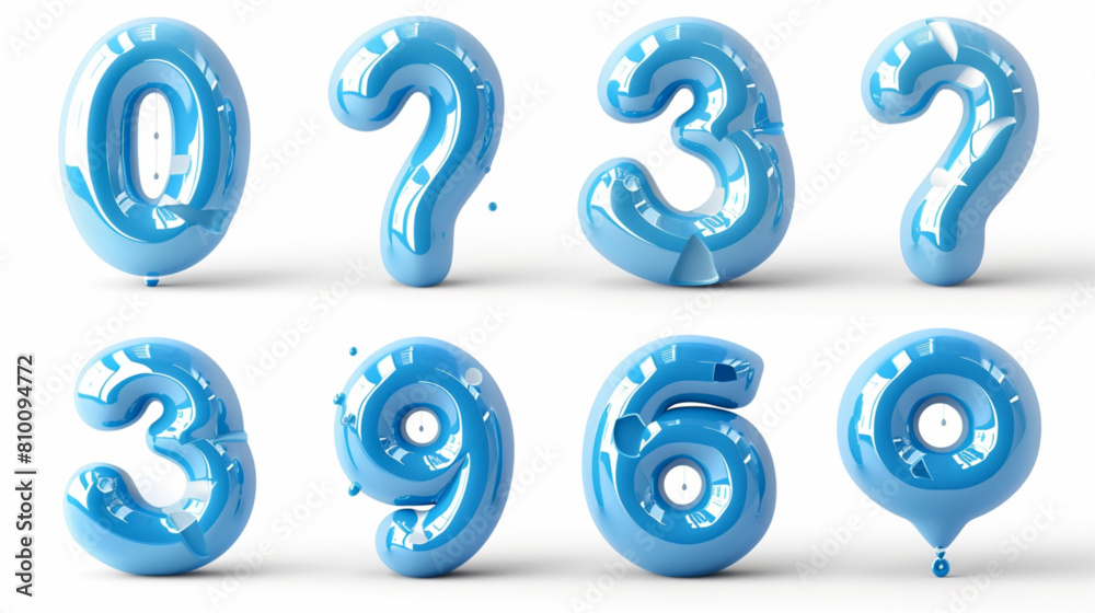 3d blue numbers. Realistic light blue plastic digits render, inflated ...