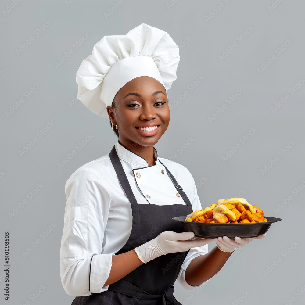 **beautiful african female chef holding food in her right hand only and ...