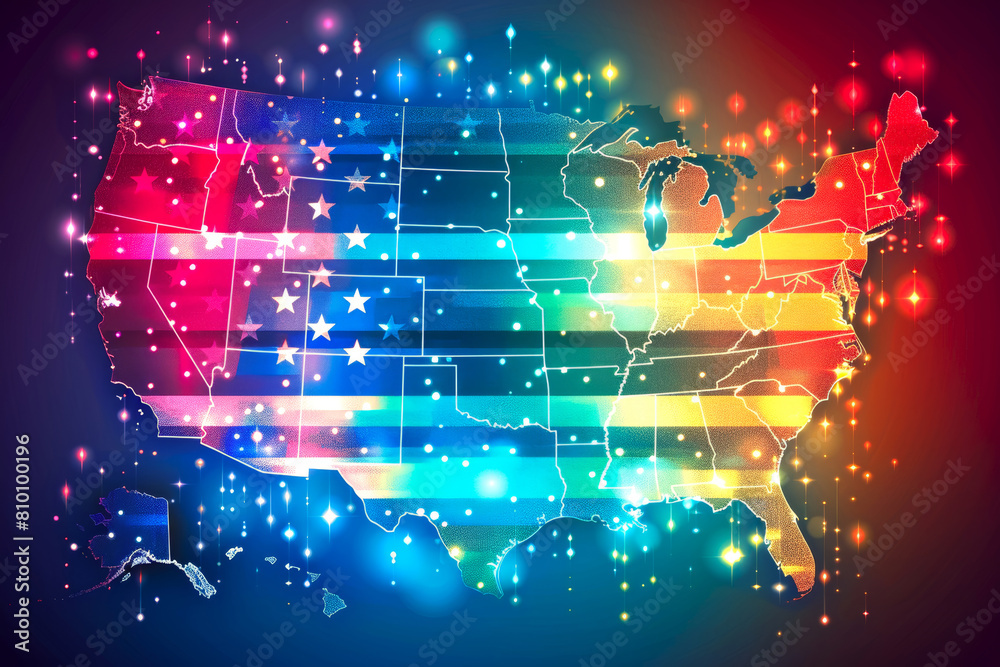 Rainbow collage of usa map glowing outlines, stars and stripes of the ...