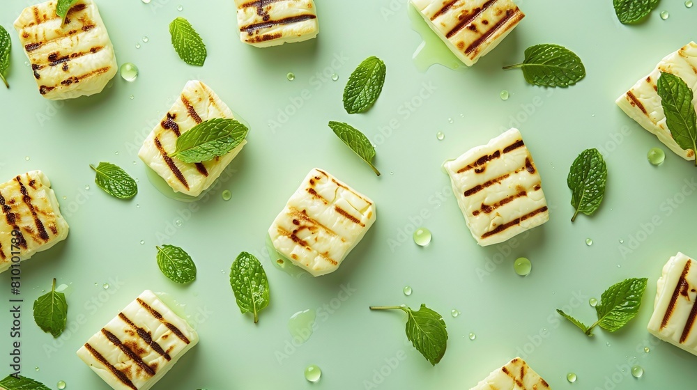 Grilled halloumi cheese and fresh mint leaves arranged on a light green ...