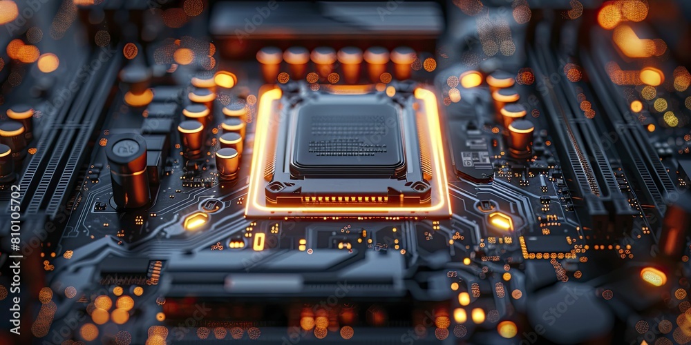 3D schematic of a motherboard layout in cool blue tones, designed for ...