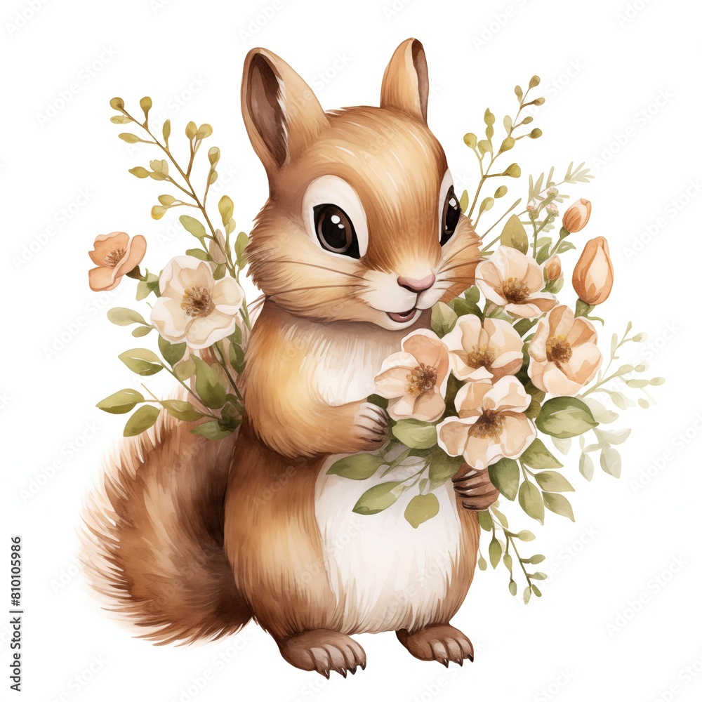 Chipmunk. Chipmunk with flowers clipart. Watercolor illustration ...