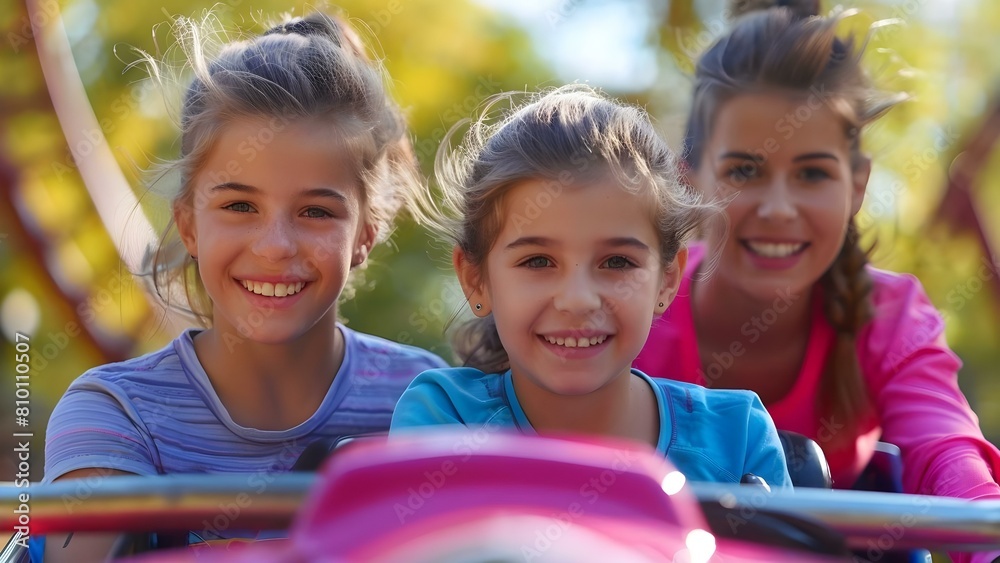 Two kids and their mom enjoy a roller coaster ride together. Concept ...