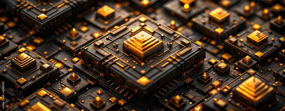 Black and gold geometric contours of an electrical circuit with a chip ...