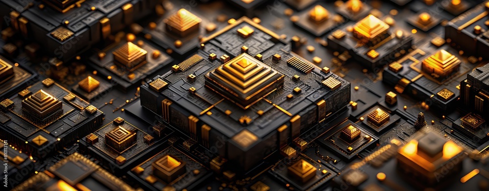 Black and gold geometric contours of an electrical circuit with a chip ...