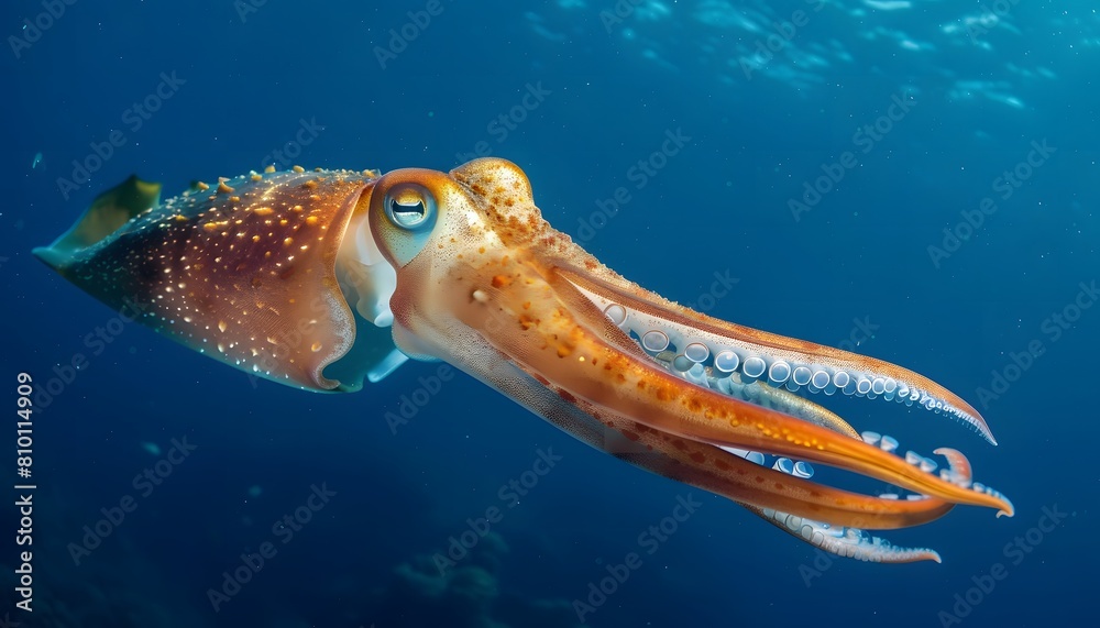 orange squid underwater in deep blue ocean water aquatic marine animal ...