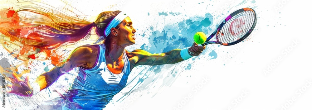 abstract female tennis player in action, white background, color ...