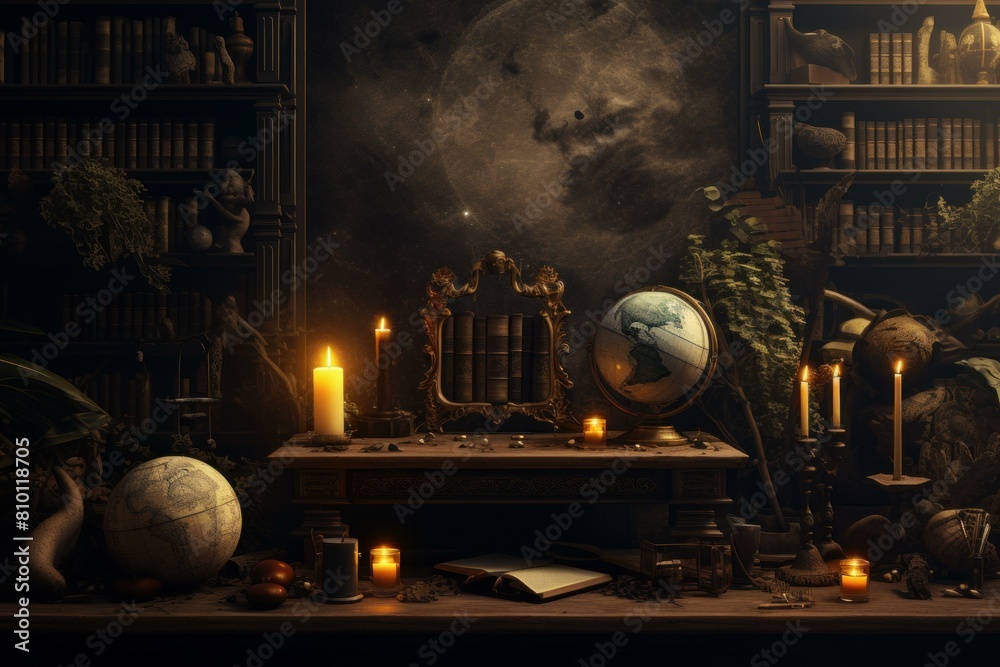 Dark, atmospheric study room with candles, globes, and a backdrop of a ...