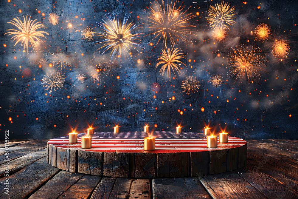 American Flag and fireworks mockup podium background with copy space ...